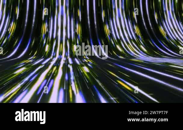 Curved paths with neon lines in stream. Animation. High-speed neon tracks in cyberspace. Bright ...