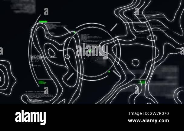Digital animation of topography and scope scanning over data processing on black background ...