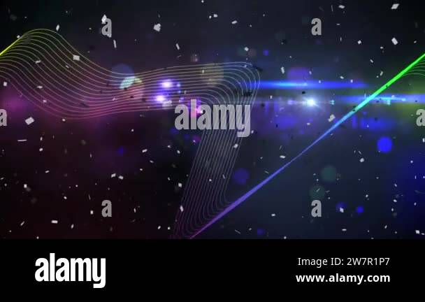 Digital animation of confetti falling over digital wave and spots of ...