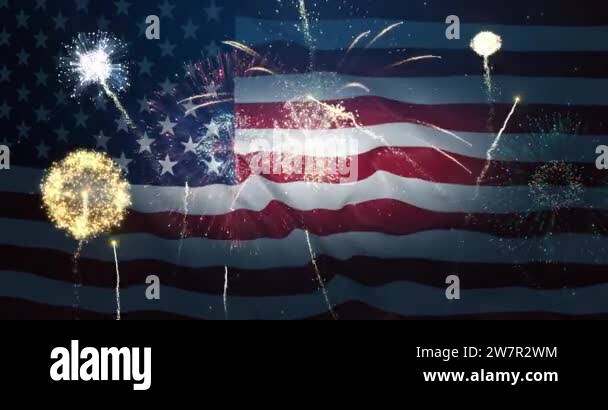 American flag waving with fireworks celebrating 4th of July ...
