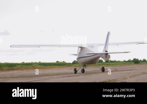 Screw aircraft. Retro plane. back view. Retro airplane is ready to take ...