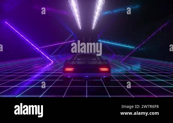 3d cyberpunk retro style. Synthwave. The car is driving in the neon ...