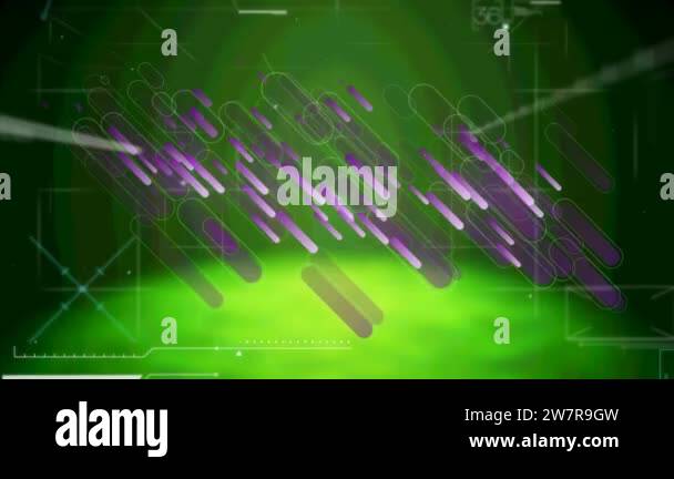 Purple light trails falling over digital interface with data processing against green background ...