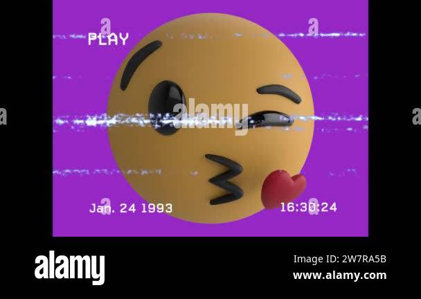 Animation of kissing emoji icon over screen with noise. global social ...