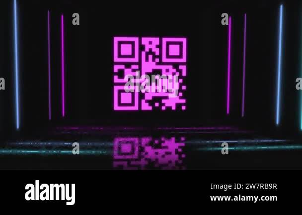 Digital animation of glowing neon pink qr code against glowing lines on black background ...