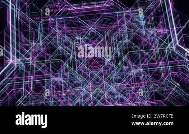 Computer electronic circuit with codes. Motion. Colored lines move schematically with program ...