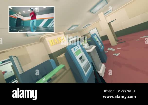 Two displays showing a VR-shooter and a gamer playing it. Augmented ...
