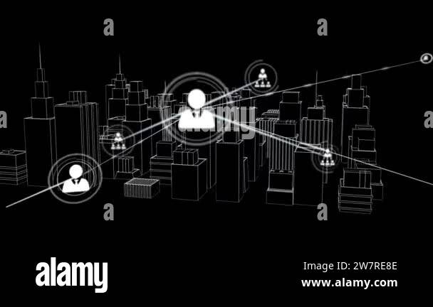 Animation of networks of connections with icons over 3d city drawing ...