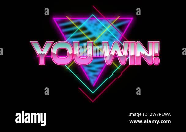 Animation of you win text in pink metallic, over neon lines on black ...