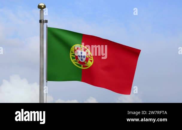3D, Portuguese flag waving on wind with blue sky and clouds. Close up ...