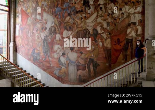 Mexico City, Mexico- June 2021: People walking up the stairs of the ...