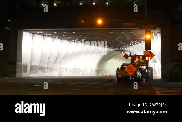 Traffic signal changing colors in front of the Second Street Tunnel at ...