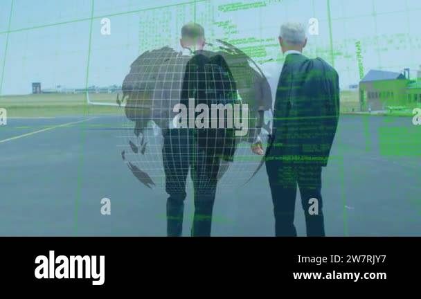 Spinning globe and data processing over caucasian two pilots talking ...