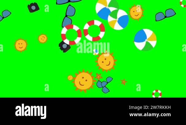 Summer vacation elements flying up. Cartoon sun, camera, sunglasses ...