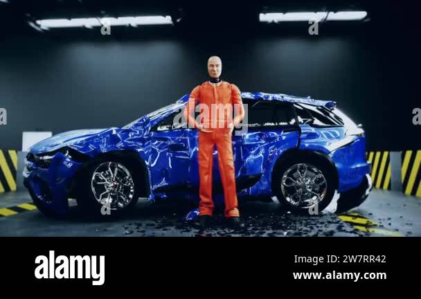 Robot crash test dummy speaking near car crash test. Future concept ...