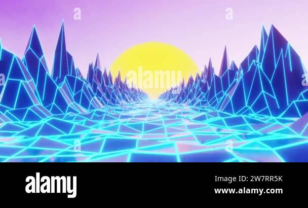 Futuristic digital render in cyber landscape with big low sun ...