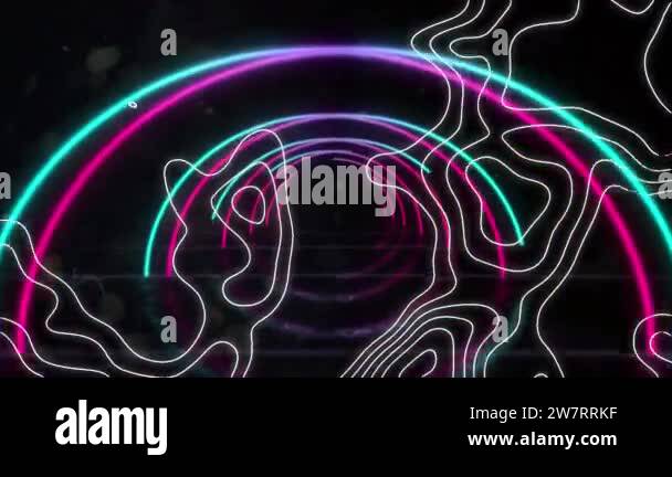 Animation of white contour lines over blue and pink neon semi circles ...