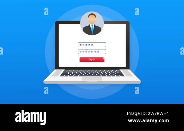 Login page on laptop screen. Notebook and online login form, sign in ...