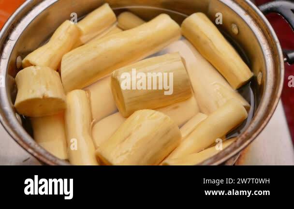Boiled cassava in boiling water with sugar to making Thai dessert ...