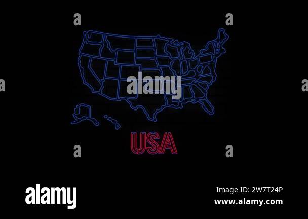 Glowing neon line USA isolated on black background. Animated map ...