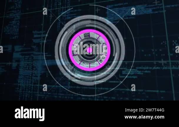 Animation of scope scanning and data processing over purple background. global connections ...
