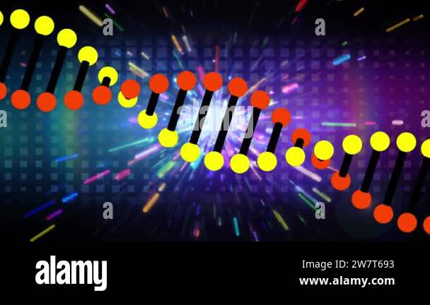 Animation of revolving dna strand and glowing colourful sparks. medical ...