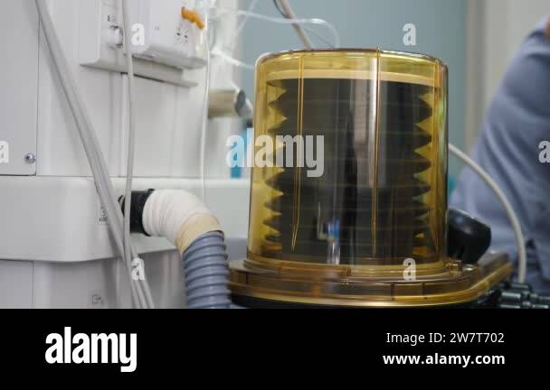 Artificial lung ventilation working. Movement of pulmoflator during ...
