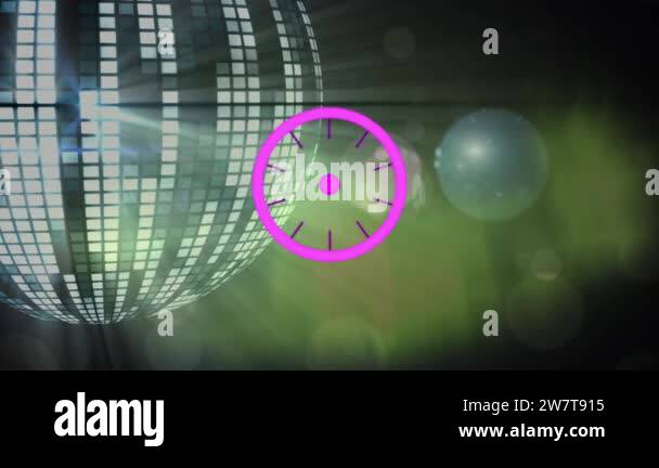 Animation of circular pink scope rotating, with bokeh lights and mirrorball. entertainment ...