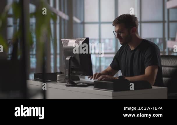 Man sit indoor closed eyes rub temples suffering from headache ...