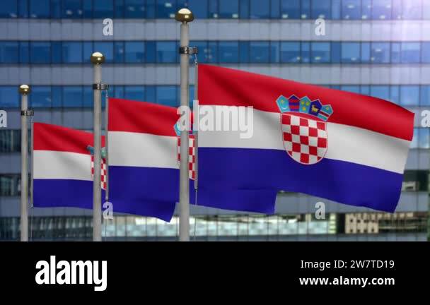 3D, Croatian flag waving on wind with modern skyscraper city. Croatia banner blowing smooth silk ...