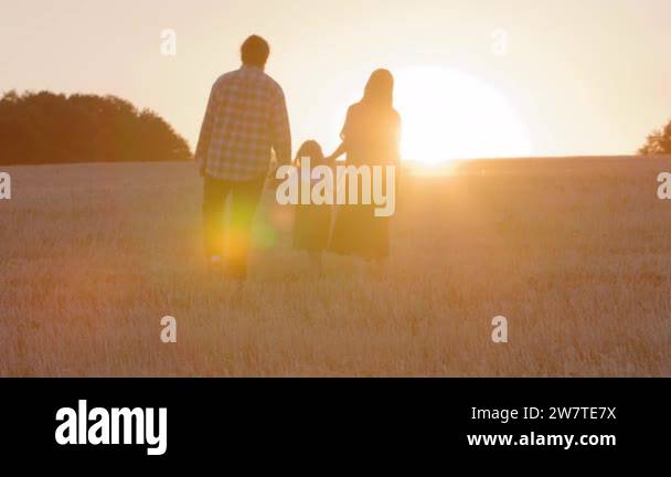 Back view people in nature field walking. Happy family silhouette walk ...