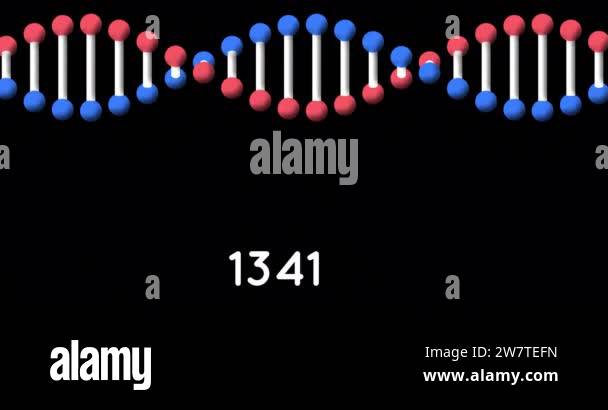 Digital animation of increasing numbers over dna structure spinning ...