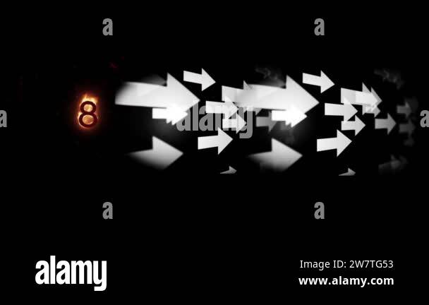 Digital animation of number eight on fire icon and multiple arrows ...