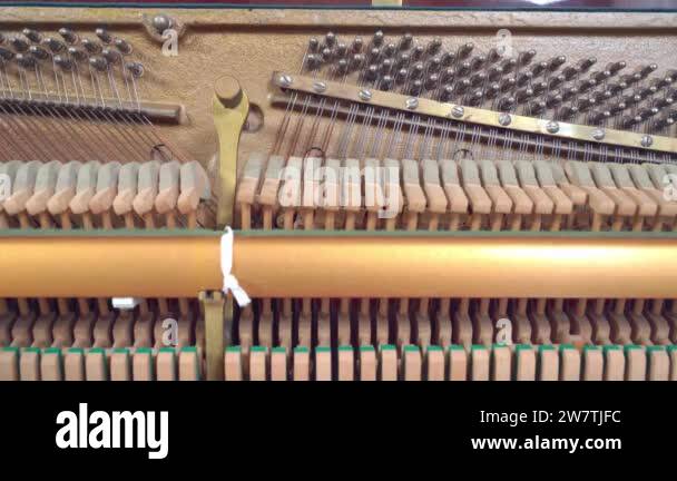 Camera moves along the hammer rail while felted mallets strike strings ...