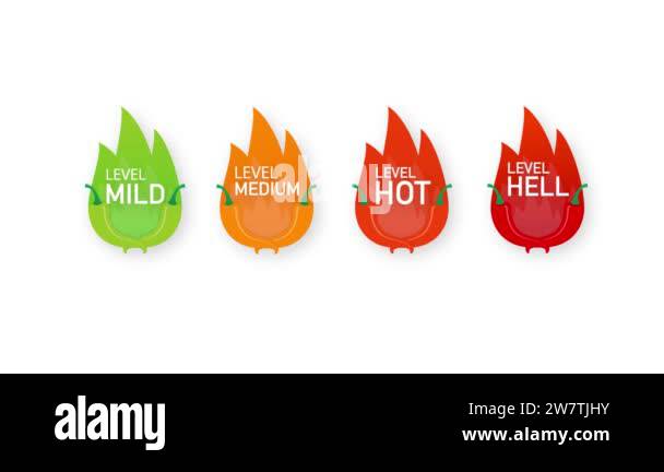 Hot red pepper strength scale indicator with mild, medium, hot and hell ...