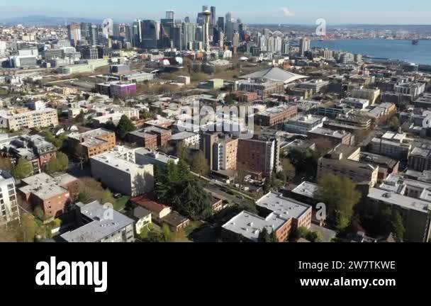Cinematic drone dolly footage of downtown Seattle, Belltown, Danny ...