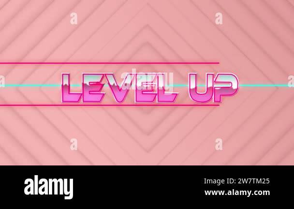 Animation of level up text in pink metallic, over neon lines on pink ...
