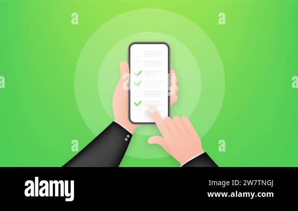 Checklist browser window. Check mark. White tick on smartphone screen ...