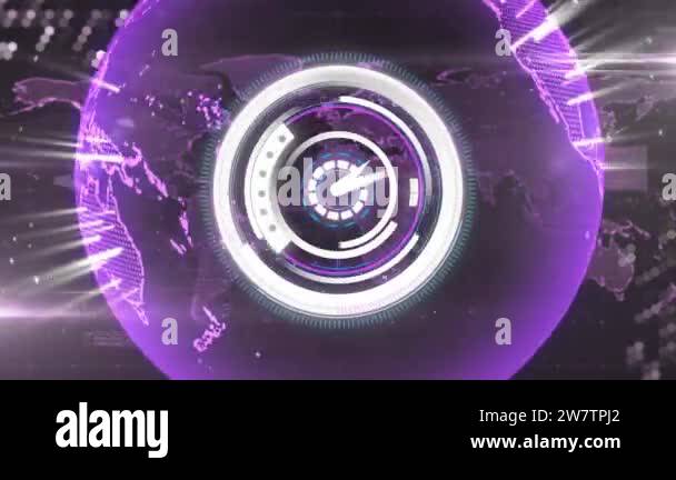 Animation of scope scanning with clock over globe and world map. global connections, data ...