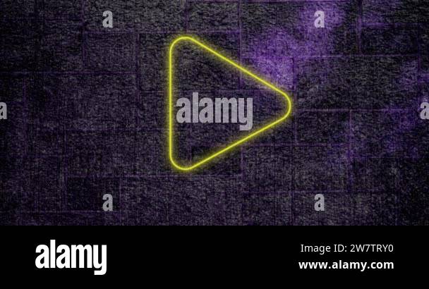 Animation of neon play button flickering with copy space over wall ...