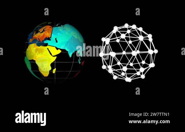 Digital animation of globe of connected dots and globe icon spinning ...