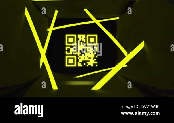 Digital animation of glowing qr code against glowing neon yellow tunnel on black background ...