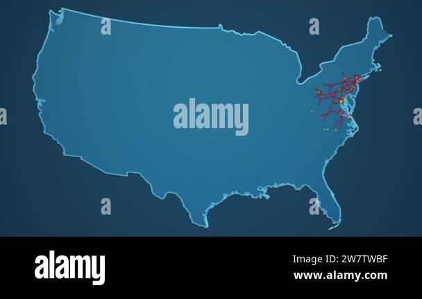 Light blue map of USA with cities, roads and railways on a dark blue ...