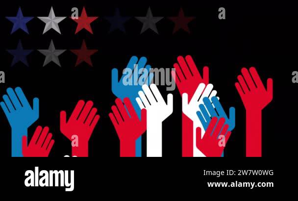 Animation of red and blue hands and stars on black background ...