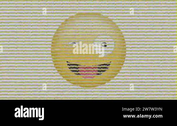 Digital animation of tv static effect over silly face emoji on grey ...