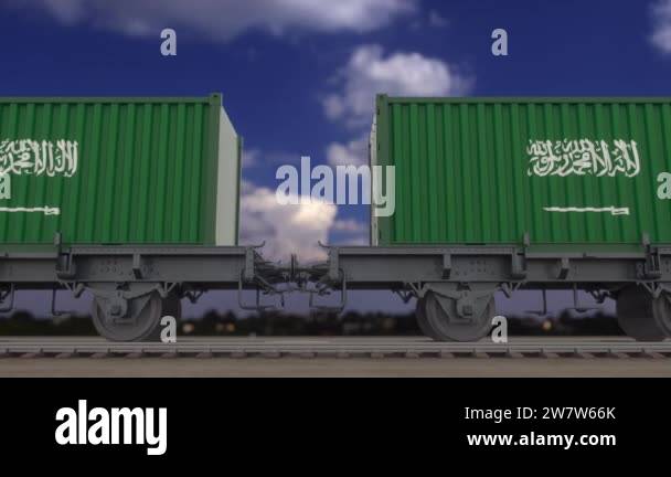 Train and containers with the flag of Saudi Arabia. Railway ...