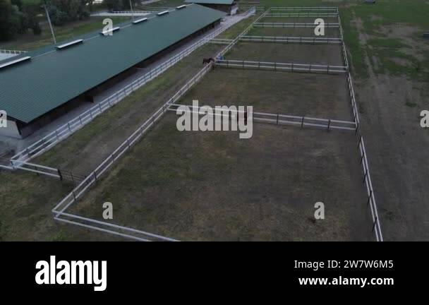 Drone shooting of equestrian club with horses, stables, stall, paddocks ...