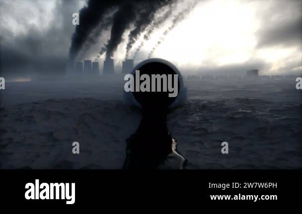 Oil dirty pipe and ecology pollution. Factory dark smoke. Ecological ...