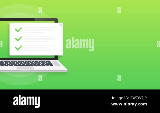 Checklist browser window. Check mark. White tick on laptop screen ...