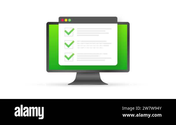 Checklist browser window. Check mark. White tick on laptop screen ...